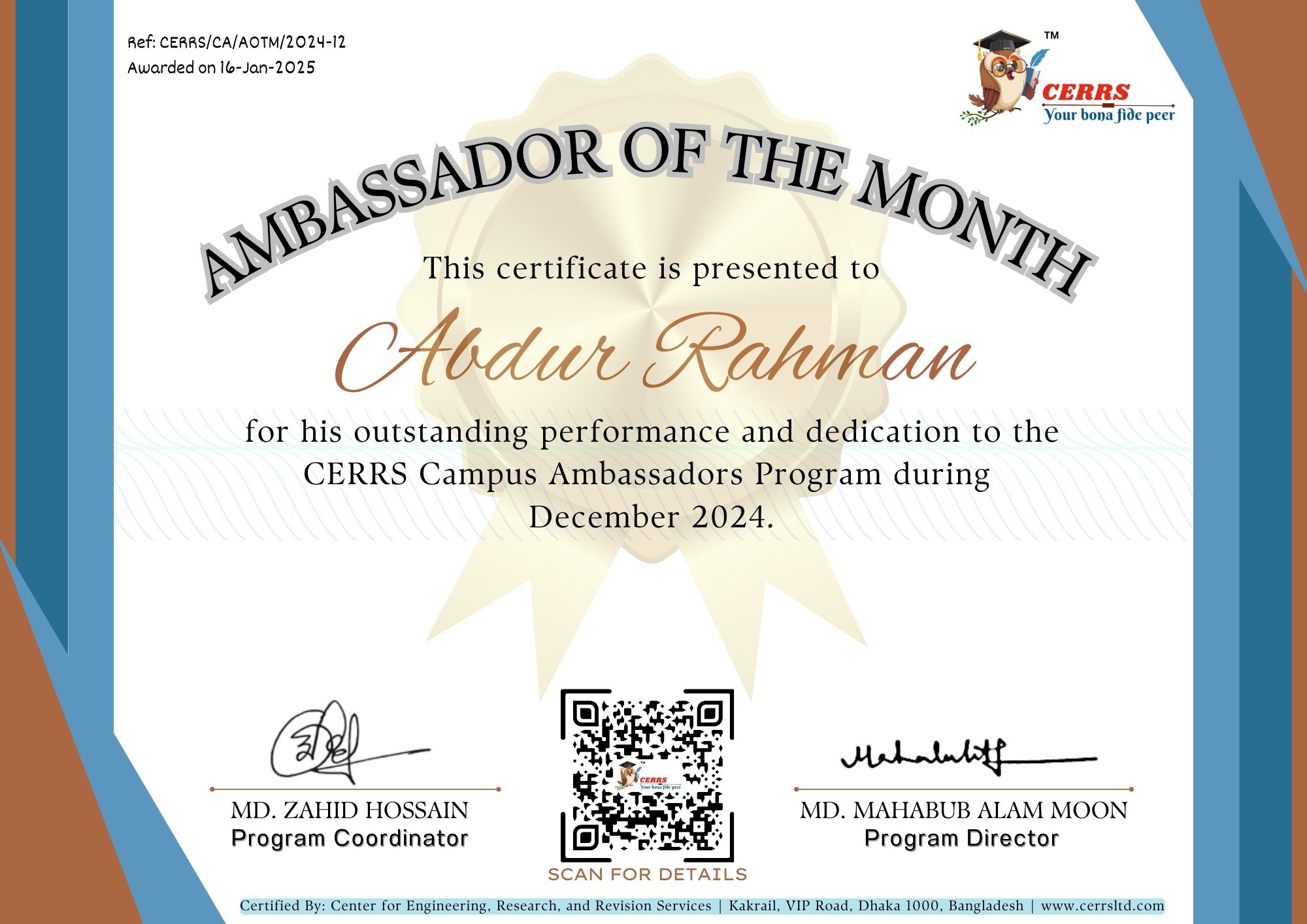 Ambassador of the Month Certificate | CERRS